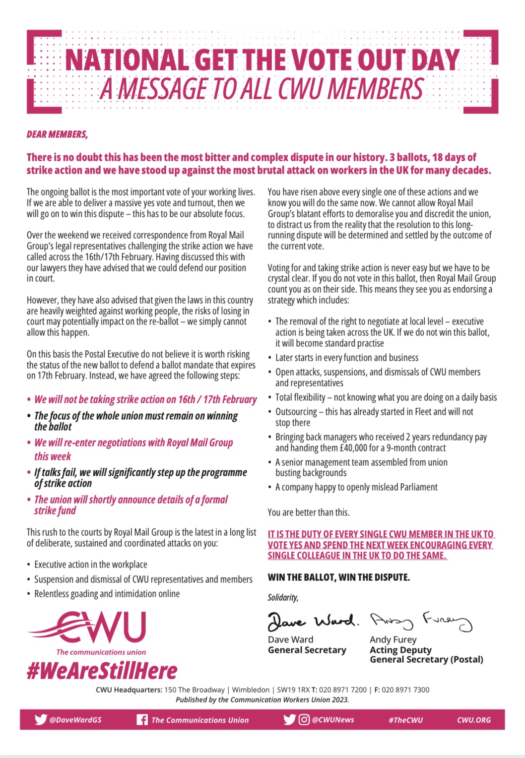 Strike action on 16th / 17th February withdrawal – CWU Eastern No5 Branch