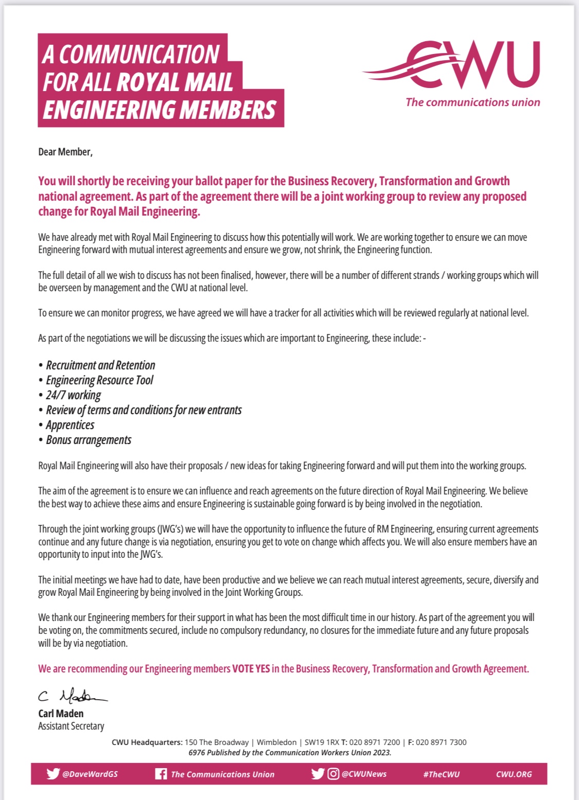 COMMUICATATION FOR ALL ROYAL MAIL ENGINEERING MEMBERS – CWU Eastern No5 ...